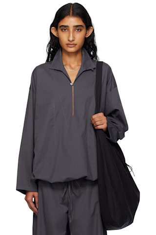 BAMBOU ROGER KWONG: Gray Stretch Cotton Micro Faille Vareuse Blouse ...