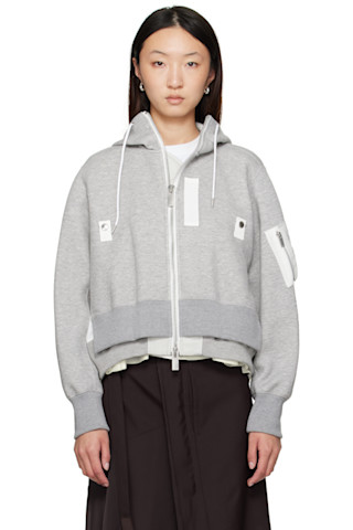 sacai: Gray Sponge Sweat x Nylon Twill Hoodie | SSENSE