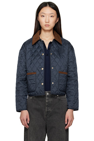 Navy H&W Crest Nylon Cropped Quilted Jacket by Sporty & Rich on Sale