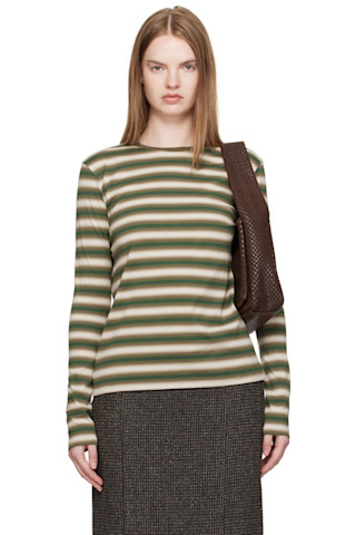AURALEE: Brown & Green Gradient Stripe Jersey L/S T-shirt | SSENSE