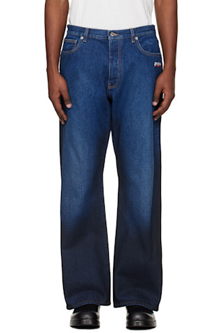 Off-White: Navy Spray Diagonal Relax Jeans | SSENSE Canada