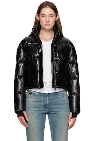 Black Cropped Vinyl Puffer Jacket by Courrèges on Sale
