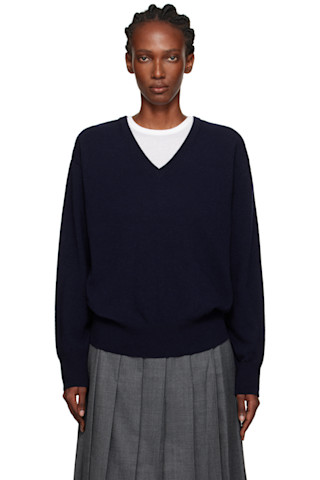 Nothing Written: 네이비 푸노 브이넥 스웨터 | SSENSE 대한민국