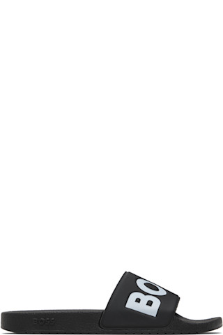 BOSS: Black Large Logo Detail Pool Slides | SSENSE