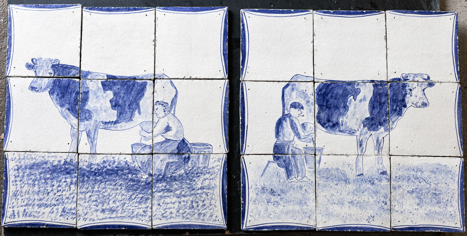 Delfts blauw authentiek tegel tableau melkende boer 9 tegels