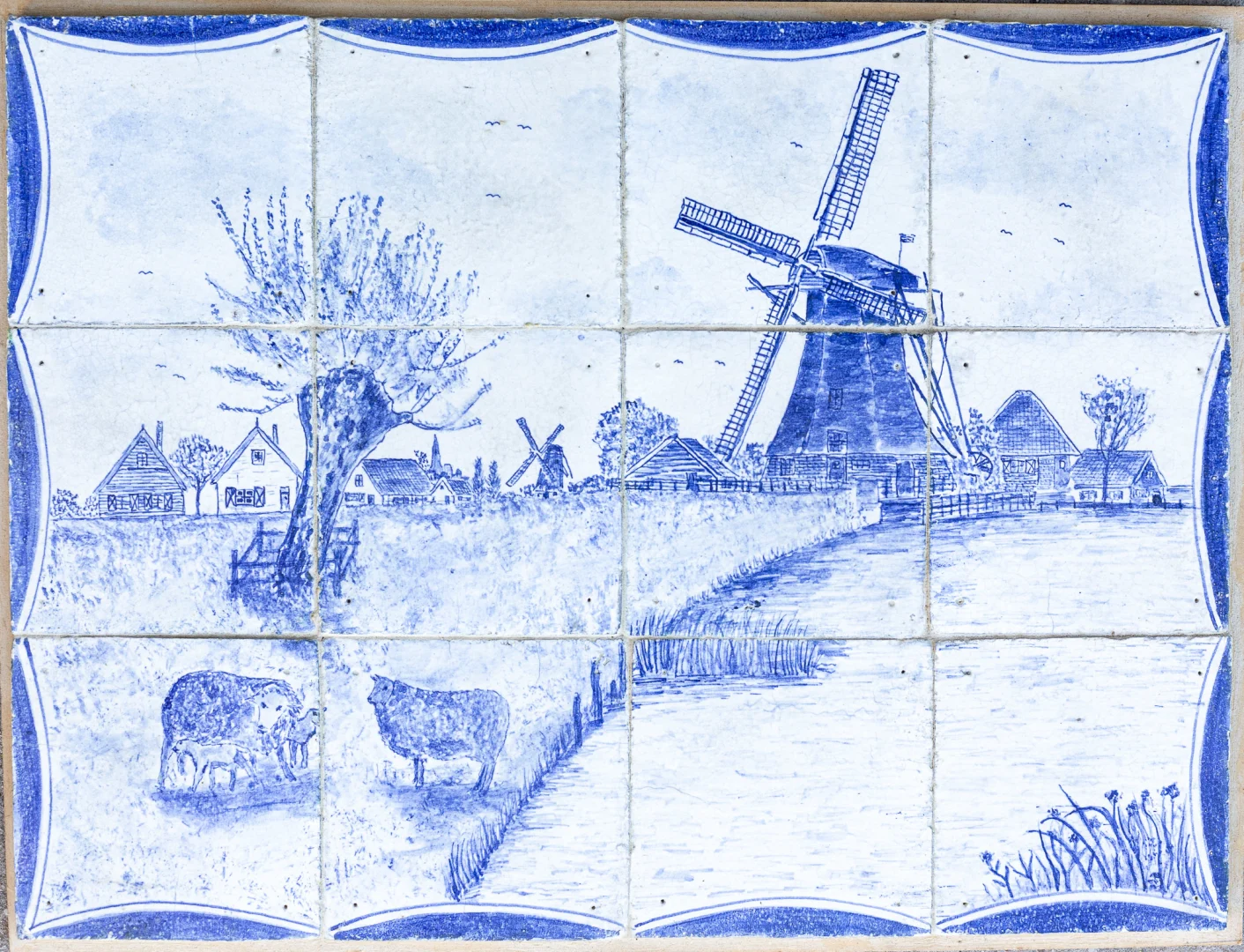 Delfts blauw antiek tegel tableau landschap 12 tegels