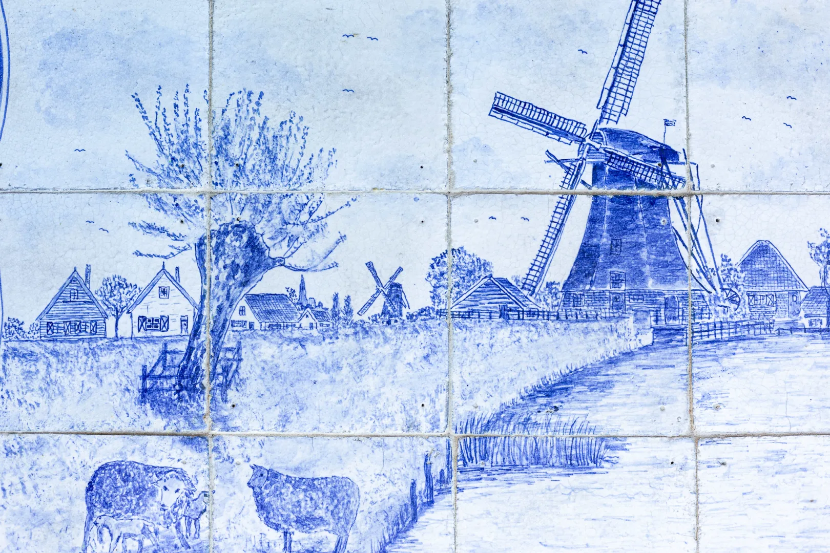 Delfts blauw antiek tegel tableau landschap 12 tegels