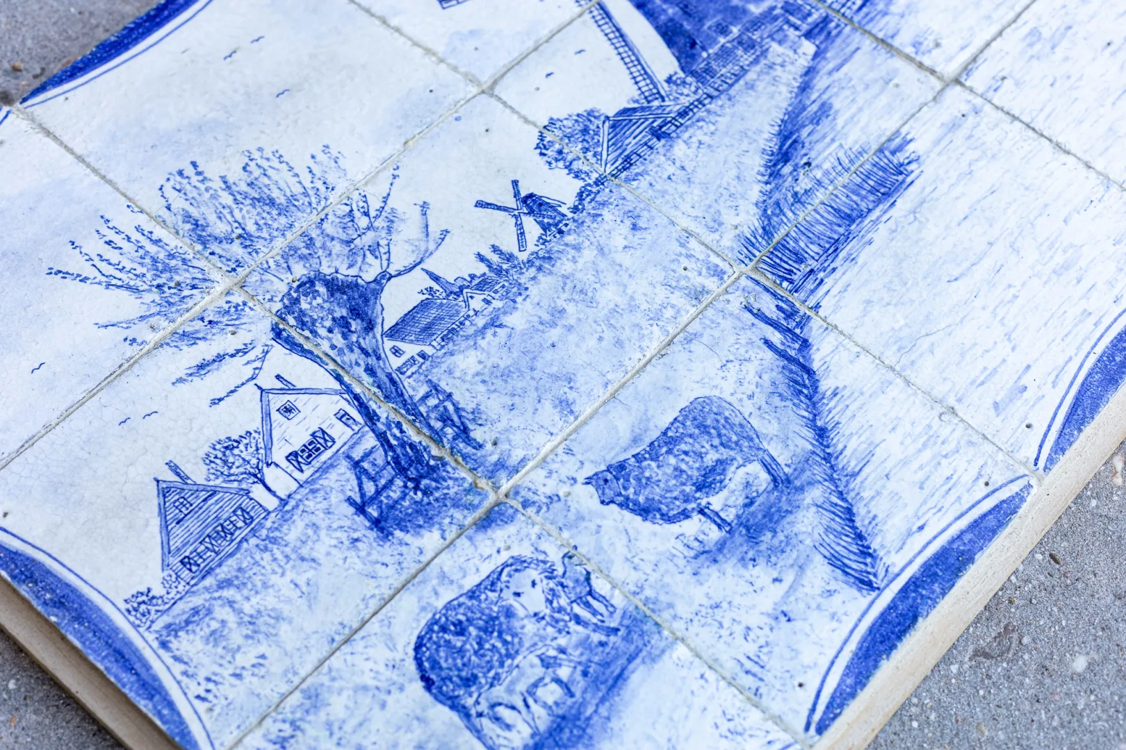 Delfts blauw antiek tegel tableau landschap 12 tegels