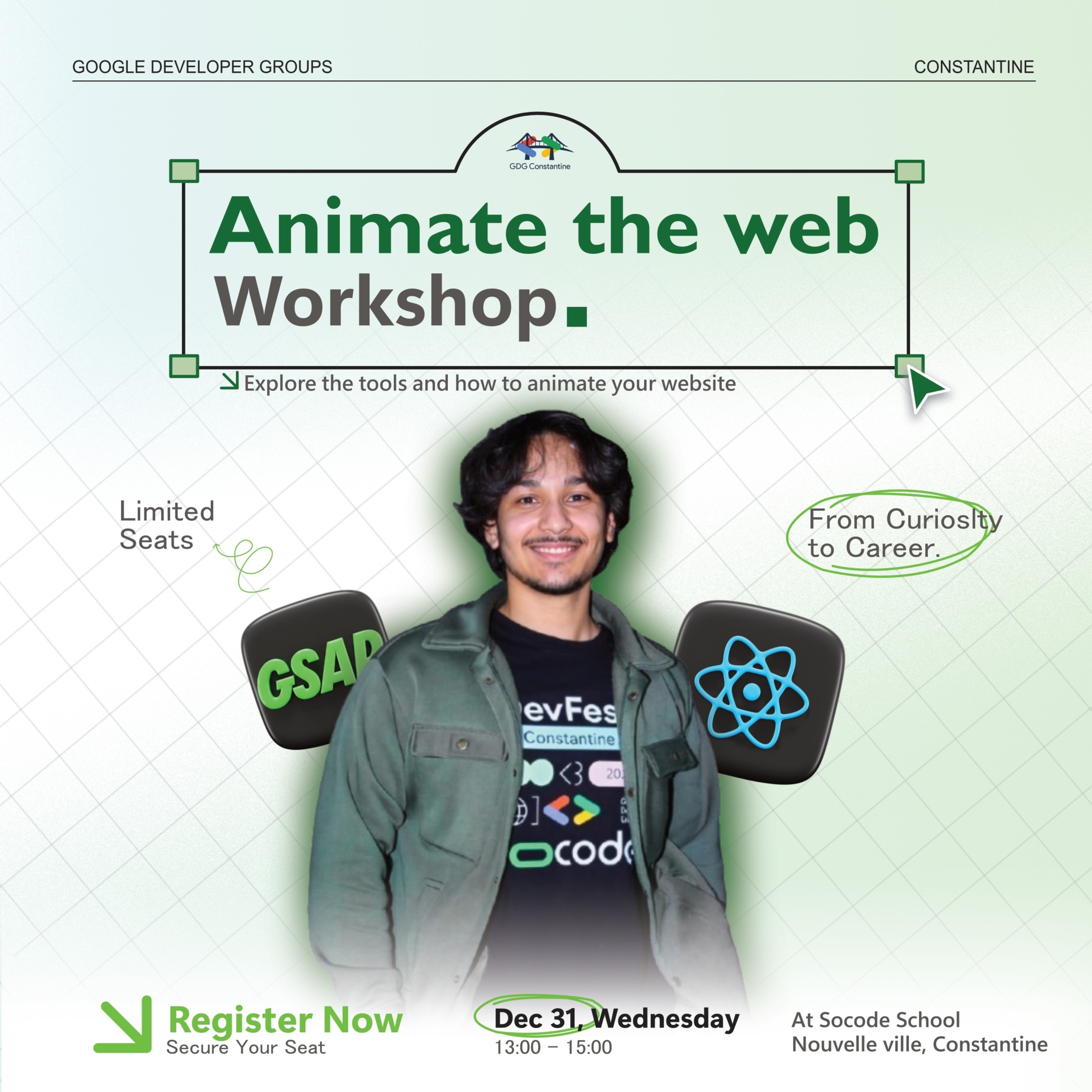 See Animating the Web: A Hands-on React + GSAP at Google Developer Groups GDG Constantine
