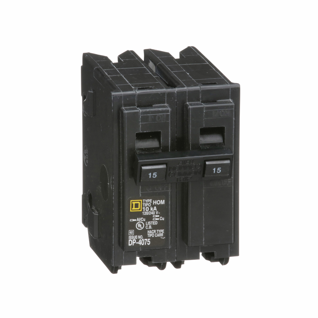 Square D™ HOM Standard Miniature Circuit Breaker, 120/240 VAC, 15 A, 10 ...