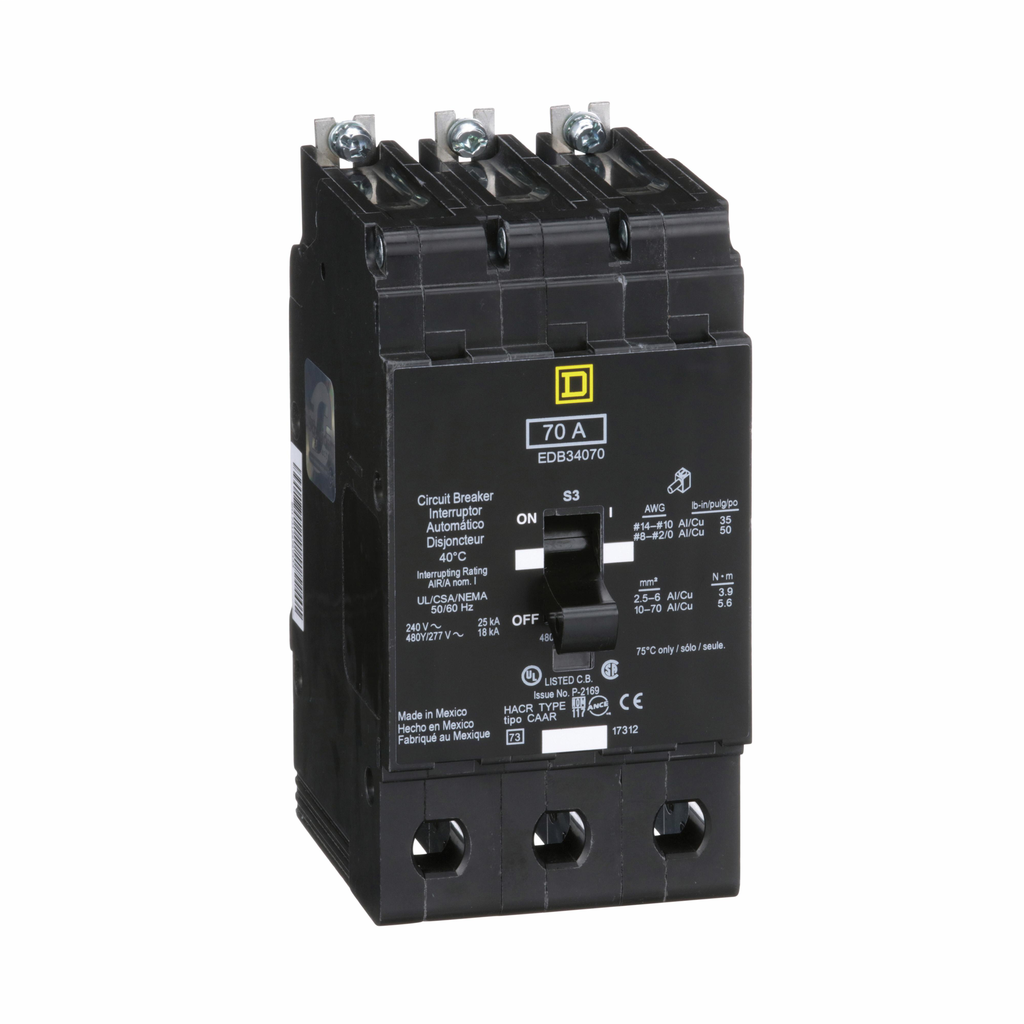Square D™ EDB34070 Miniature Circuit Breaker, 277/480 VAC, 70 A, 18 kA ...
