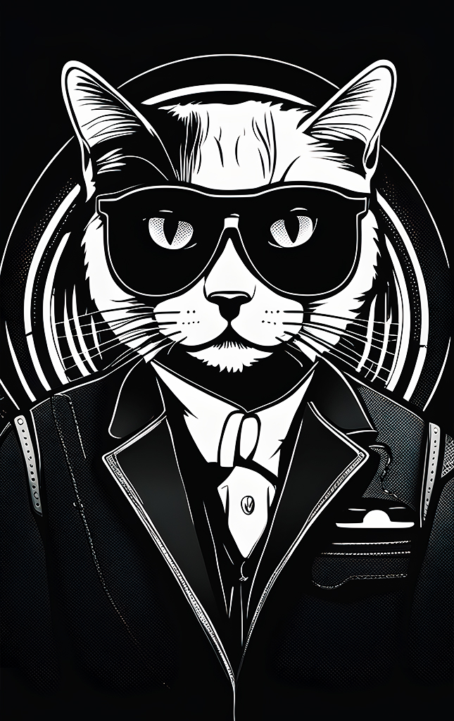 Sticker de Gato blanco con lentes y traje para tarjeta
