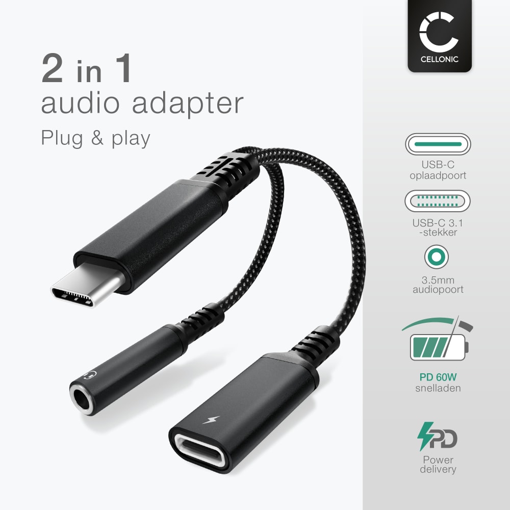 Adapter, splitter van USB-C naar jack/aux voor koptelefoon, iPhone