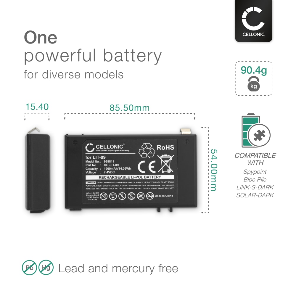 LIT-09 Erstatningsbatteri for Spypoint Bloc Pile, LINK-S-DARK, SOLAR-DARK
