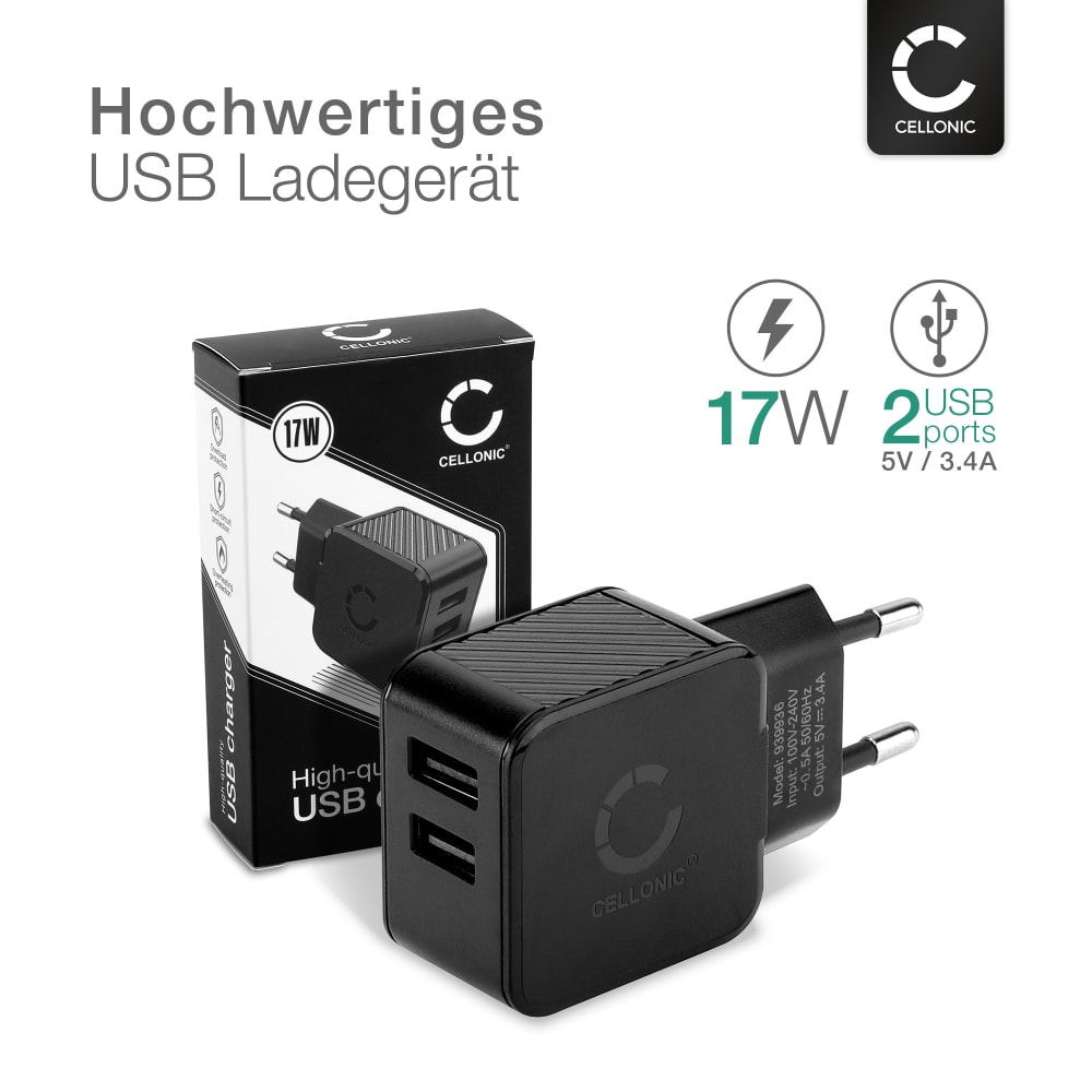 2 Fach USB Ladegerät Smartphone, Handy, Tablet-17W