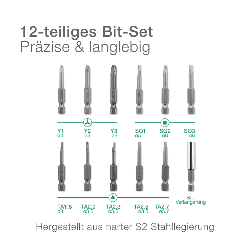 Bithalter u. Langbit Bitset 12-teilig: Dreikant Vierkant Y Type Bits