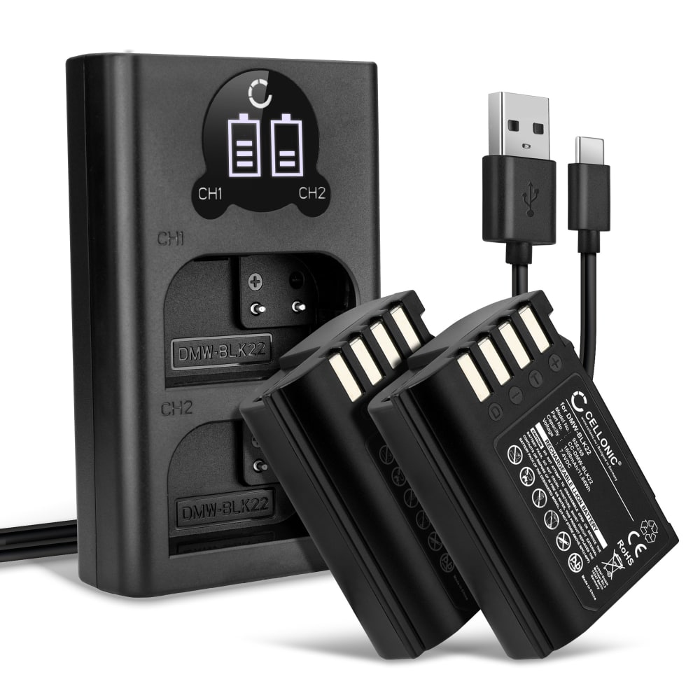 2x 2150mAh Panasonic Camera Battery DMW-BLK22 + Charger