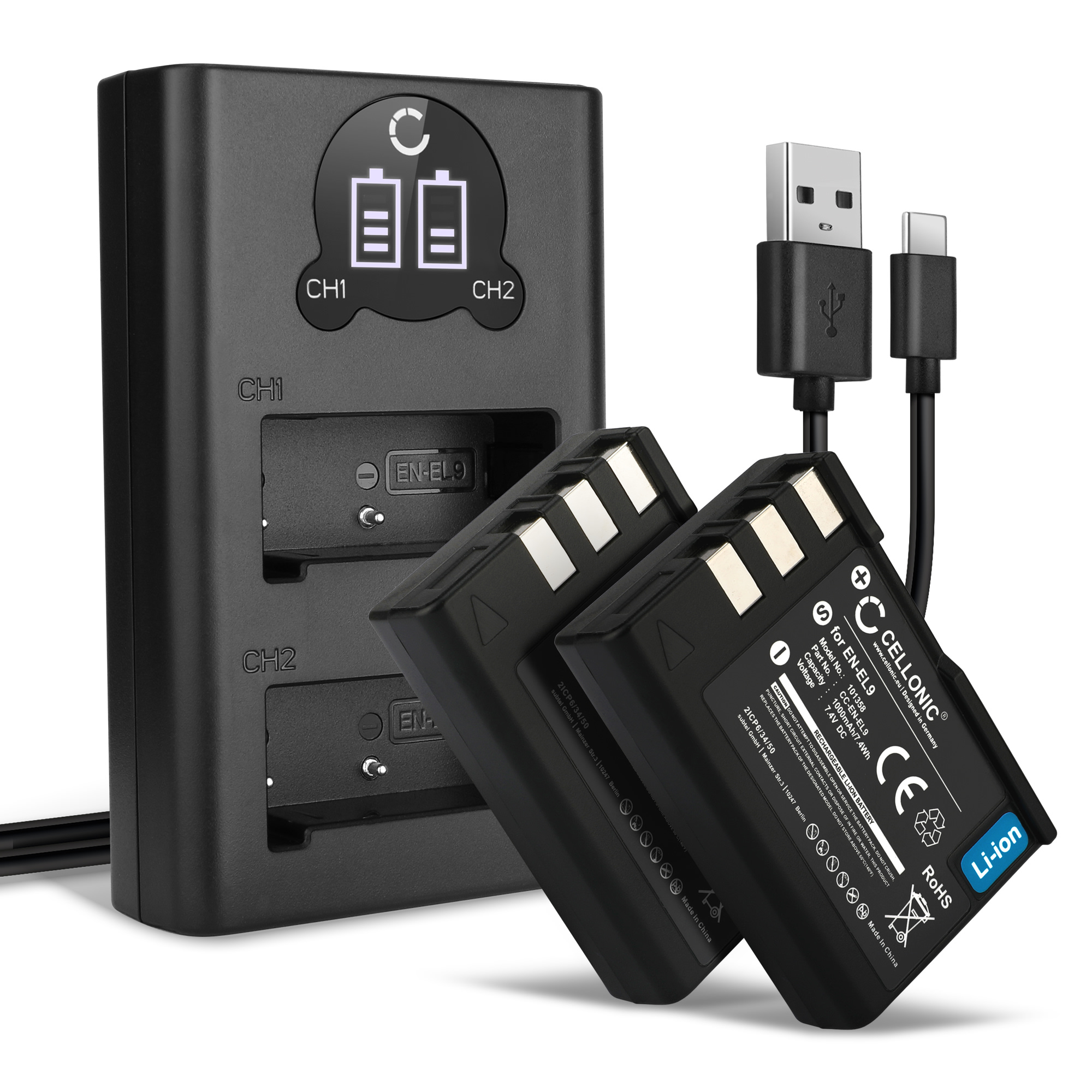 2x Batteries for Nikon D5000 D3000 D60 D40 D40x + Dual Charger