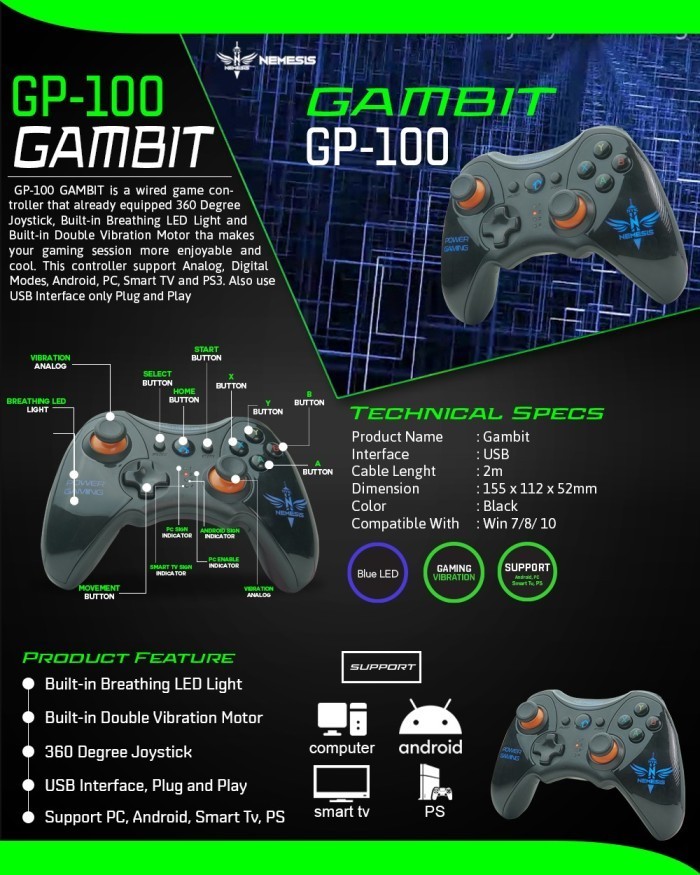 Jual Gamepad Nyk nemesis Wired for Pc Ps3/4 Android smart tv Gambit Gp-100 - Multicolor di ...