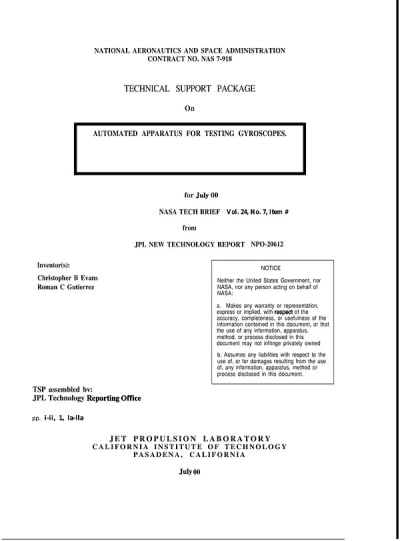 Automated Apparatus for Testing Gyroscopes - Tech Briefs