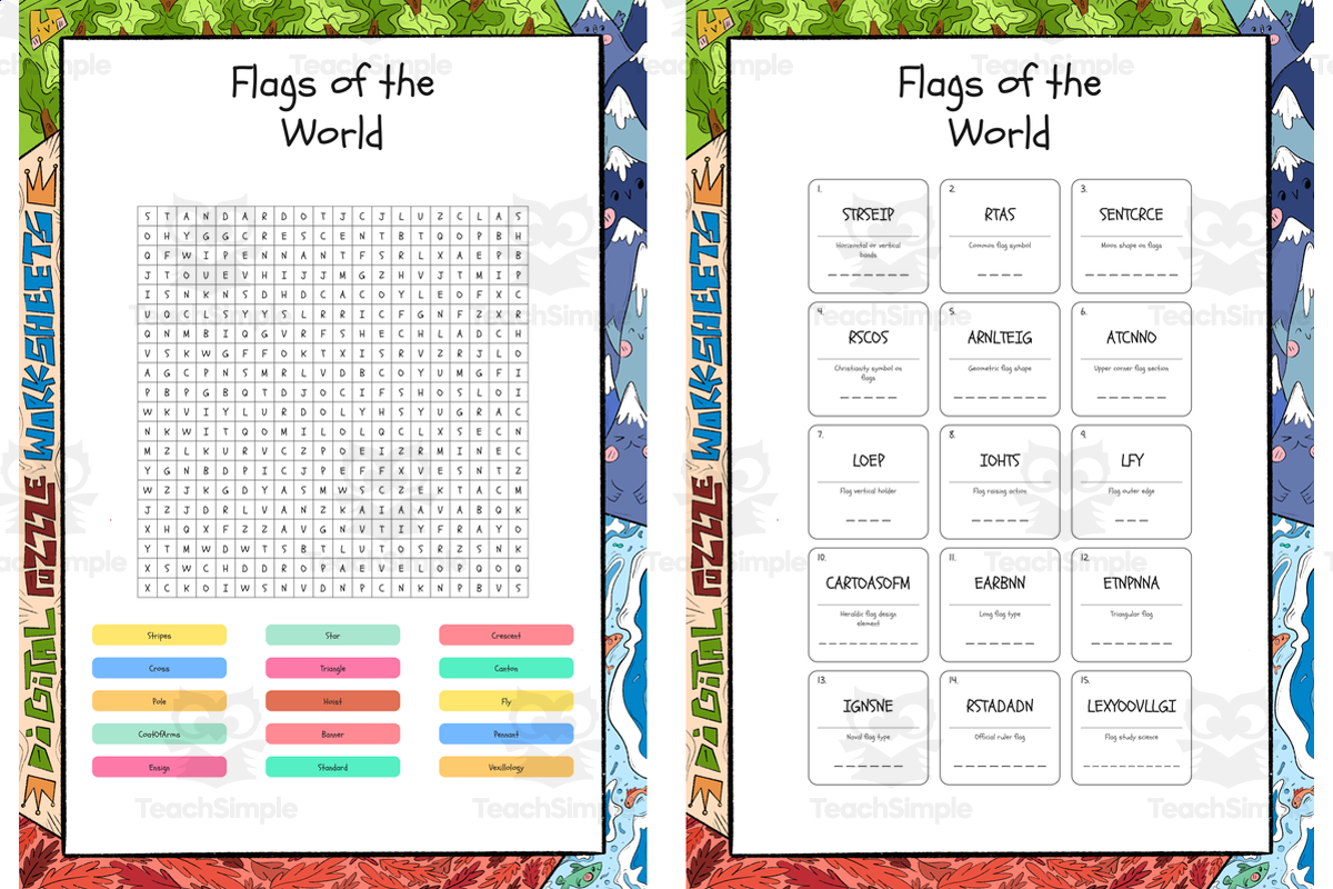 Flags of the World word search, scramble and crossword puzzle by Teach ...