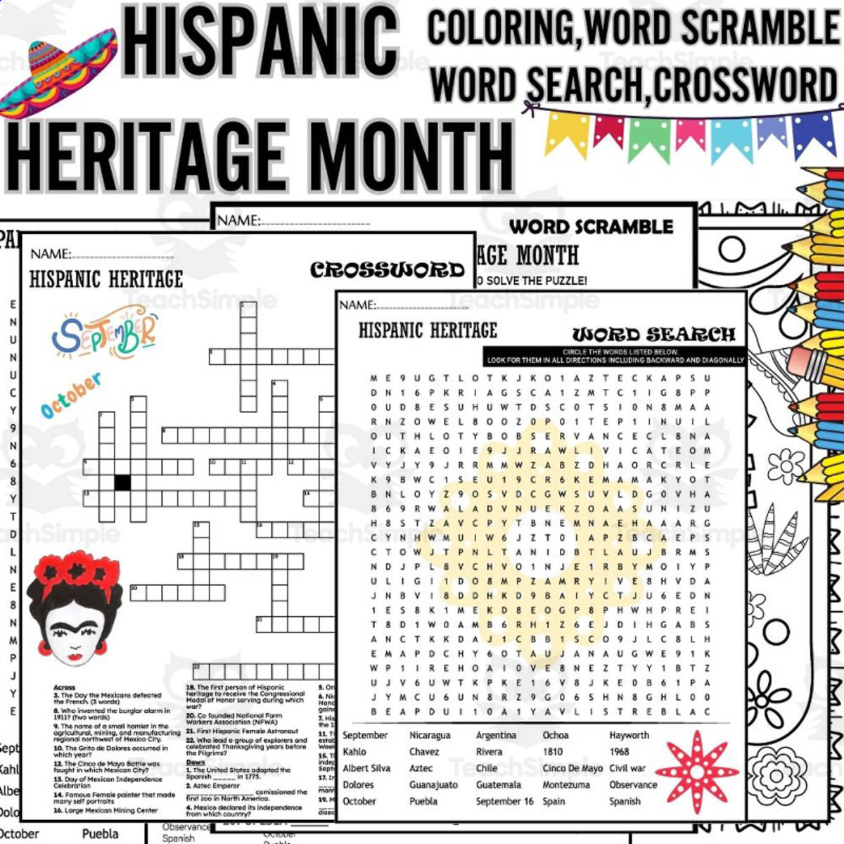 Hispanic Heritage Month Worksheets,Wordsearch,Word Scramble,Coloring by ...