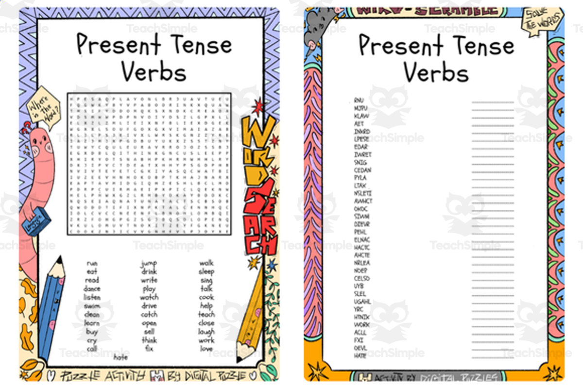 Present Tense Verbs word search & scramble by Teach Simple