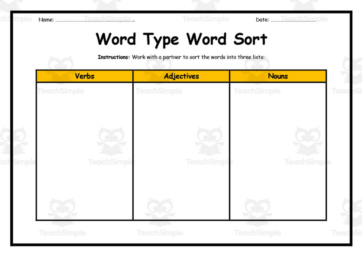Word Type Word Sort Worksheet by Teach Simple
