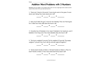 Addition Word Problems with 3 Numbers Worksheet by Teach Simple