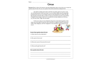 A Day at the Circus Reading Comprehension Worksheet by Teach Simple