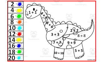 DINOSAUR ADDITION DOUBLES FACTS - COLOR BY NUMBER - 3 by Teach Simple