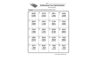 Four Digit Subtraction No Regrouping Worksheet by Teach Simple