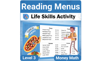 Money Math Life Skills Worksheet: Reading Restaurant Menus Level 2 by ...
