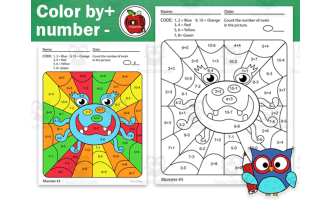 Monsters Color By Code Worksheet -Subtraction by Teach Simple
