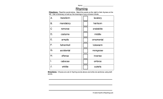 Rhyming Words Pairs Worksheet by Teach Simple
