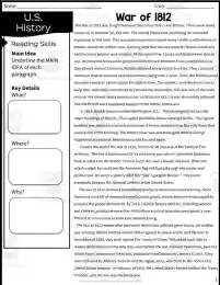 War Of 1812 Worksheet War Of 1812 Reading Comprehension Challenge