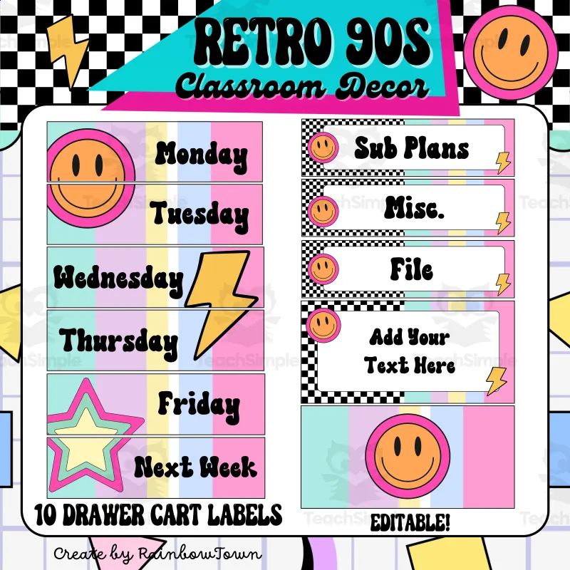 10 Drawer Cart Labels Editable 90s Retro Theme by Teach Simple