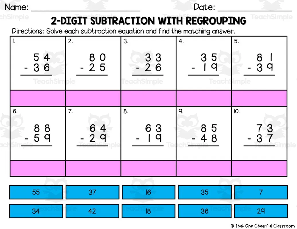 2 Digit Subtraction with Regrouping Matching Worksheet by Teach Simple
