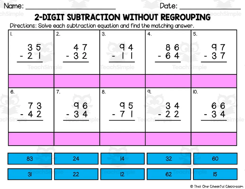 2 Digit Subtraction without Regrouping Matching Worksheet by Teach Simple