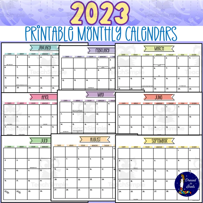 2023 Printable Monthly Calendars by Teach Simple