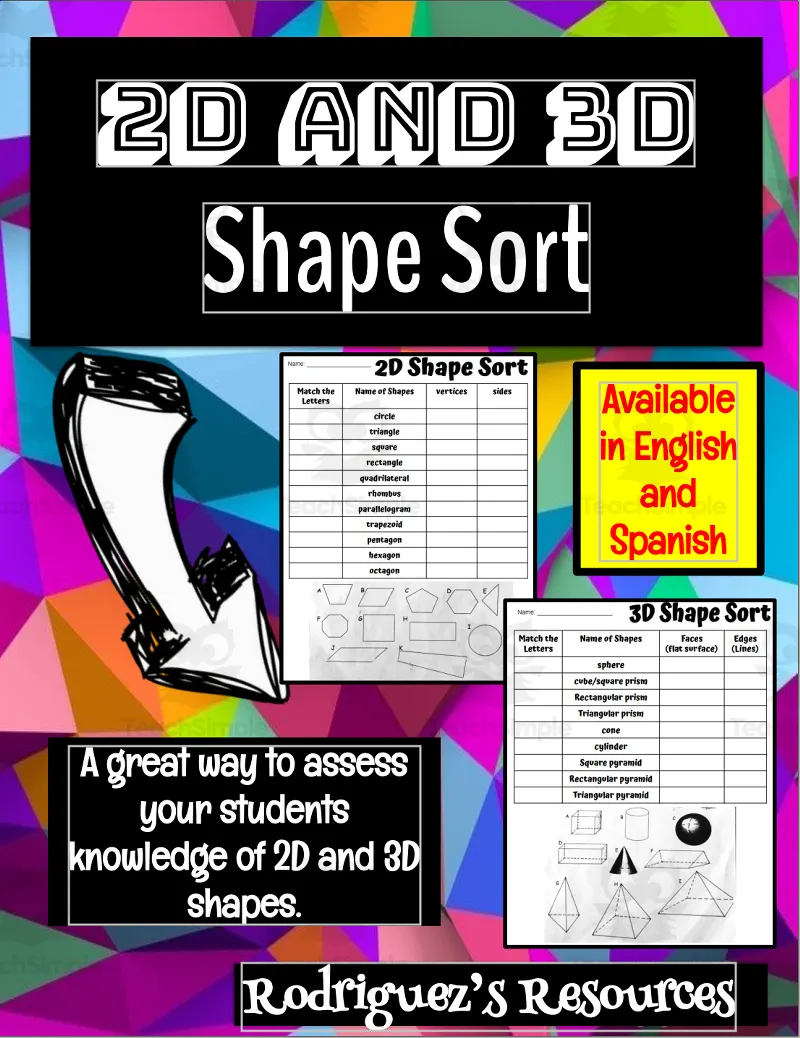 2D and 3D Shape Sort Worksheet (English and Spanish) by Teach Simple