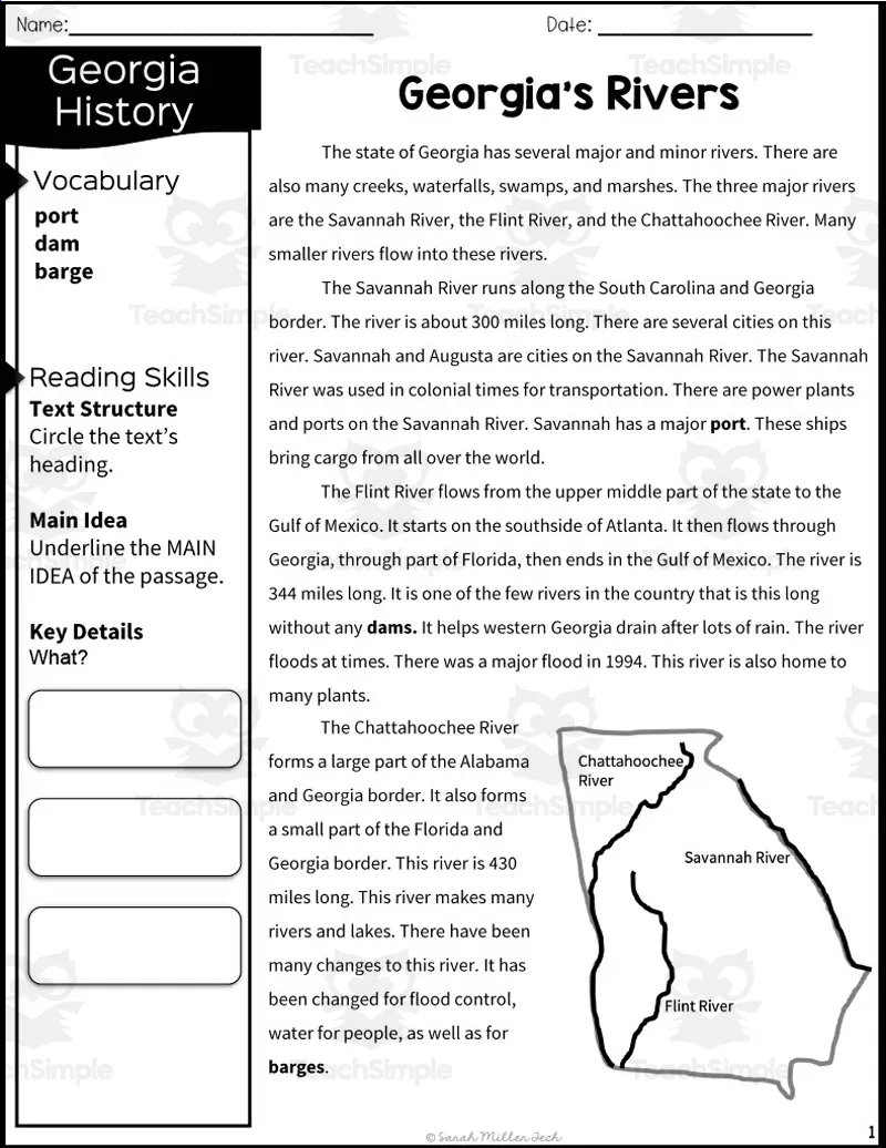 2nd Grade Reading Packet: Georgia's Rivers by Teach Simple
