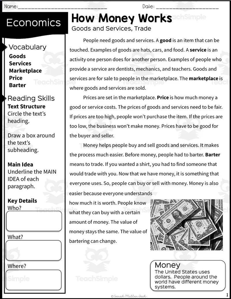 2nd Grade Reading Packet: How Money Works by Teach Simple