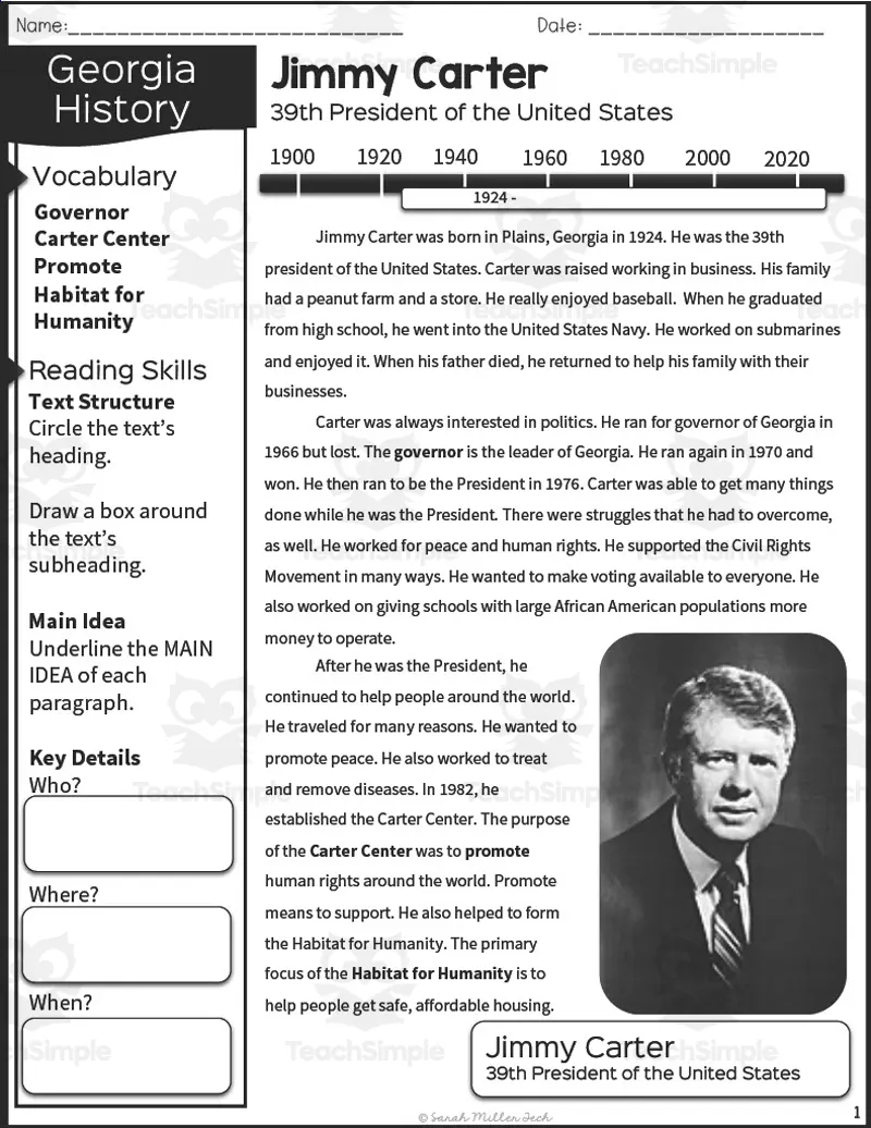 2nd Grade Reading Packet: Jimmy Carter by Teach Simple