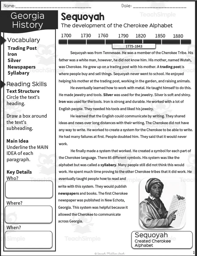 2nd Grade Reading Packet: Sequoyah by Teach Simple