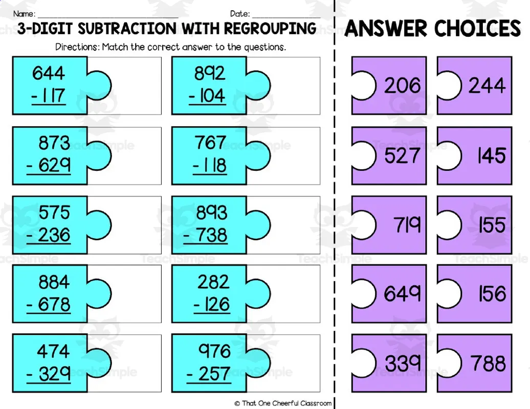 3 Digit Subtraction with Regrouping Matching Worksheet by Teach Simple