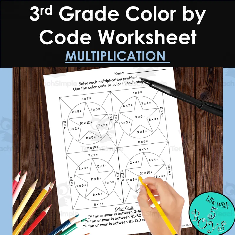 3rd Grade Color by Code Math Worksheet - Multiplication 2 by Teach Simple