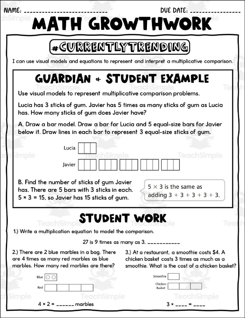 4th Grade Math Growthwork Homework Packet by Teach Simple