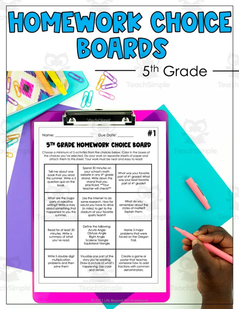 5th Grade Homework Choice Boards - 5th Grade Homework Worksheets by ...