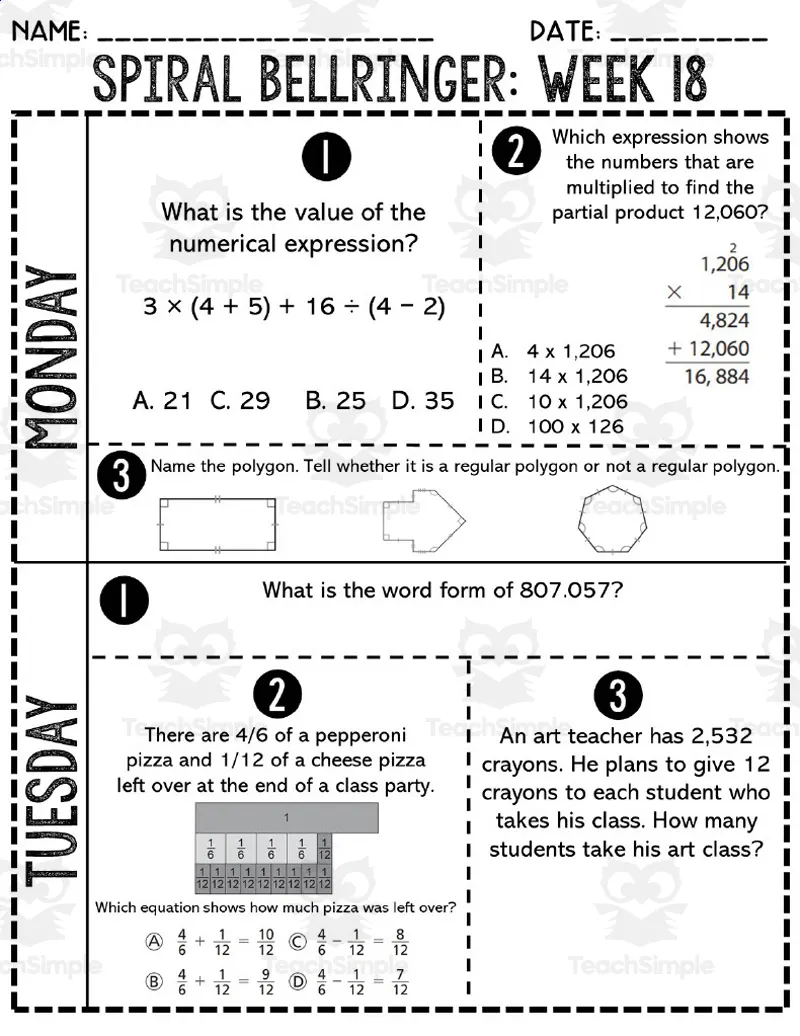 5th Grade Math Bellringer Review - Quarter 3 by Teach Simple